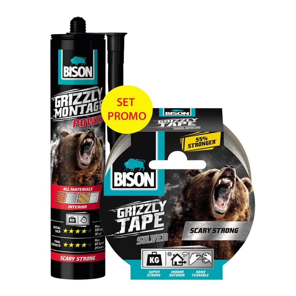 Pachet BISON Grizzly, Adeziv acrilic Montage Power și Bandă adezivă texturată pentru reparații ...